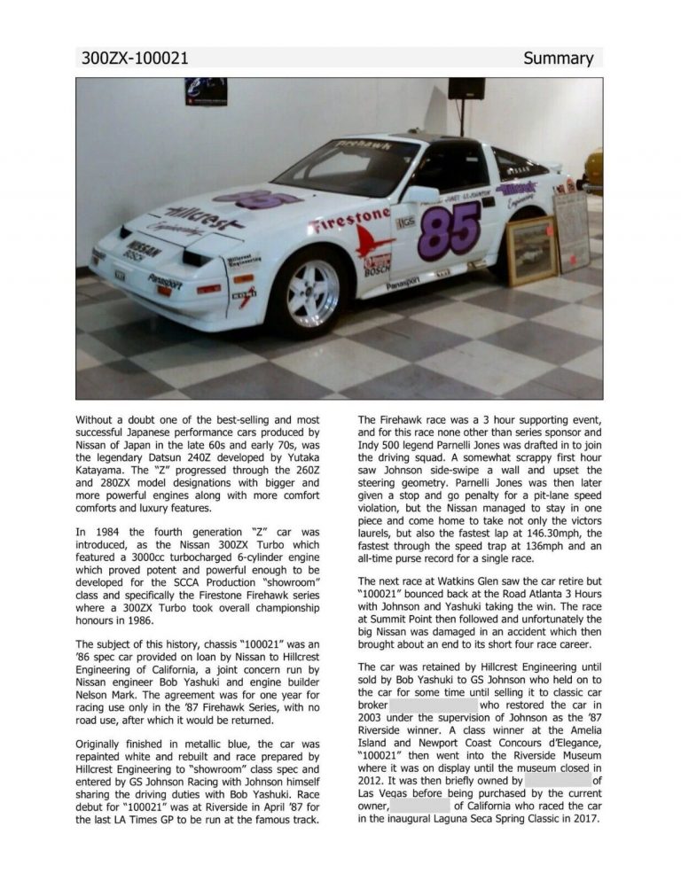 1986 Nissan 300ZX Turbo IMSA GS Firehawk, Parnelli Jones RACE CAR for sale